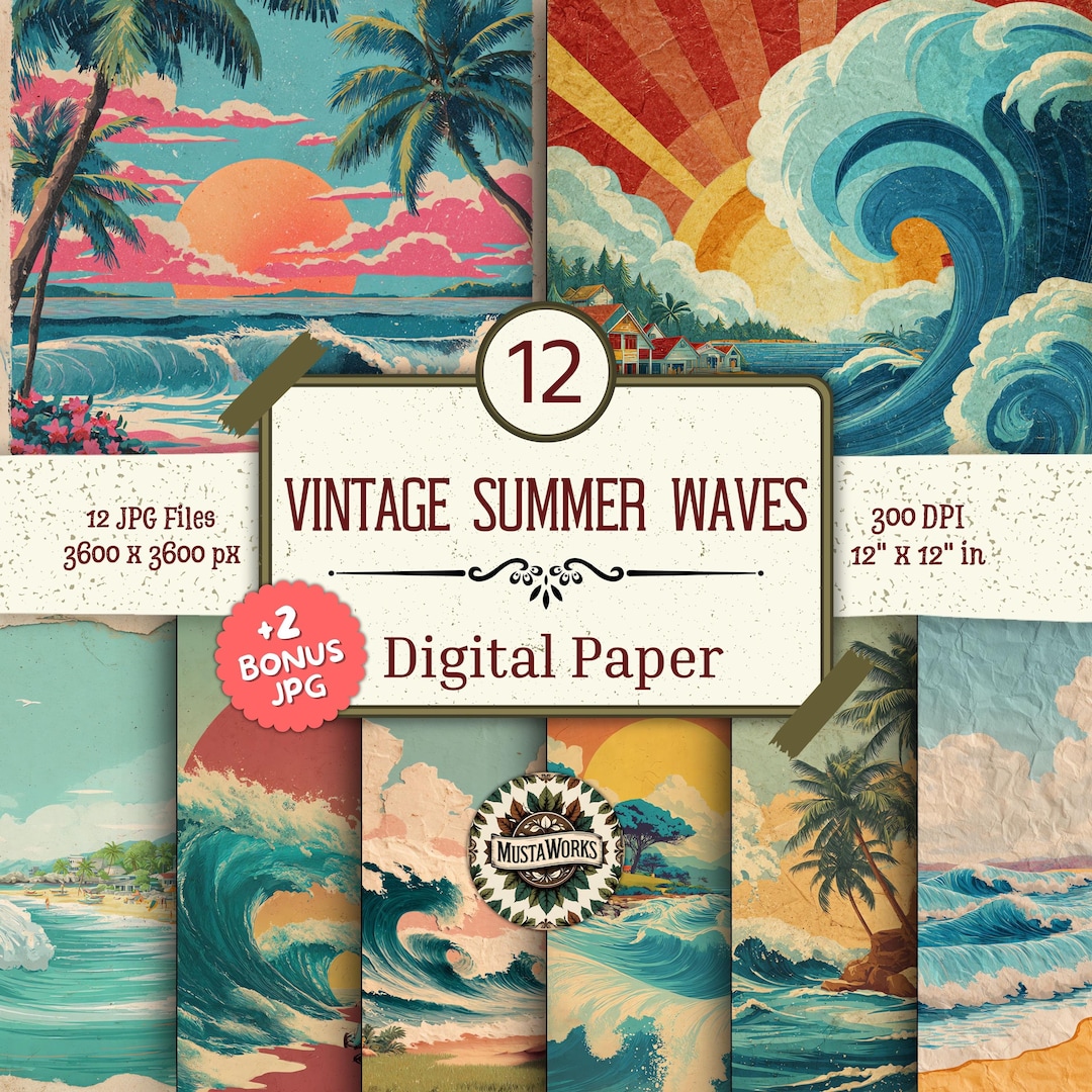 Vintage Summer Waves Digital Paper Pack – 12 Ocean Designs +2 Bonus ...