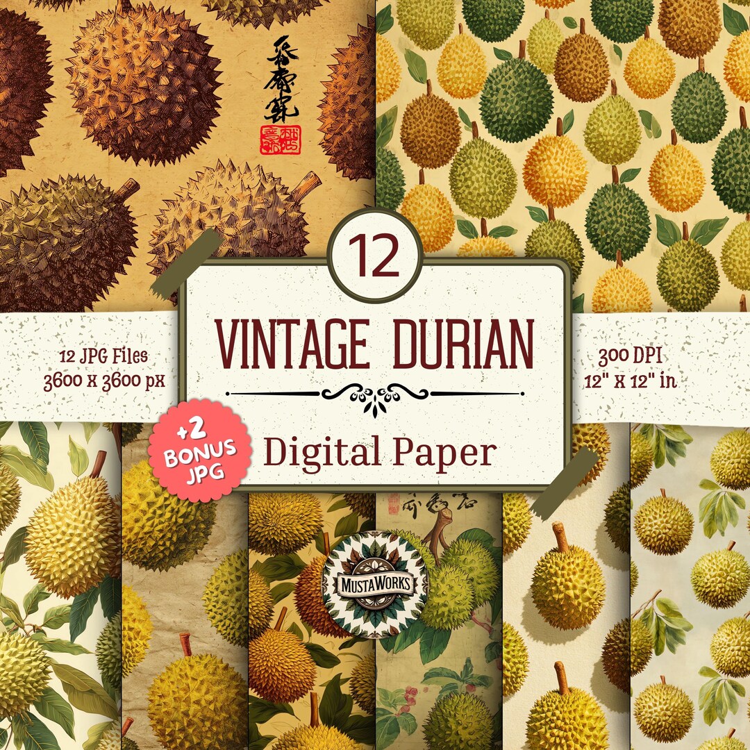 Vintage Durian Digital Paper Pack – 12 Exotic Fruit Designs +2 Bonus ...
