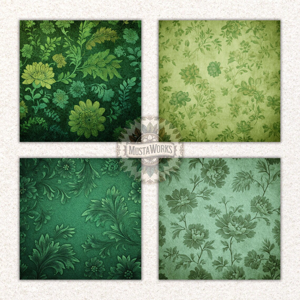 Vintage Green Floral Digital Paper Pack – 12 Botanical Background ...