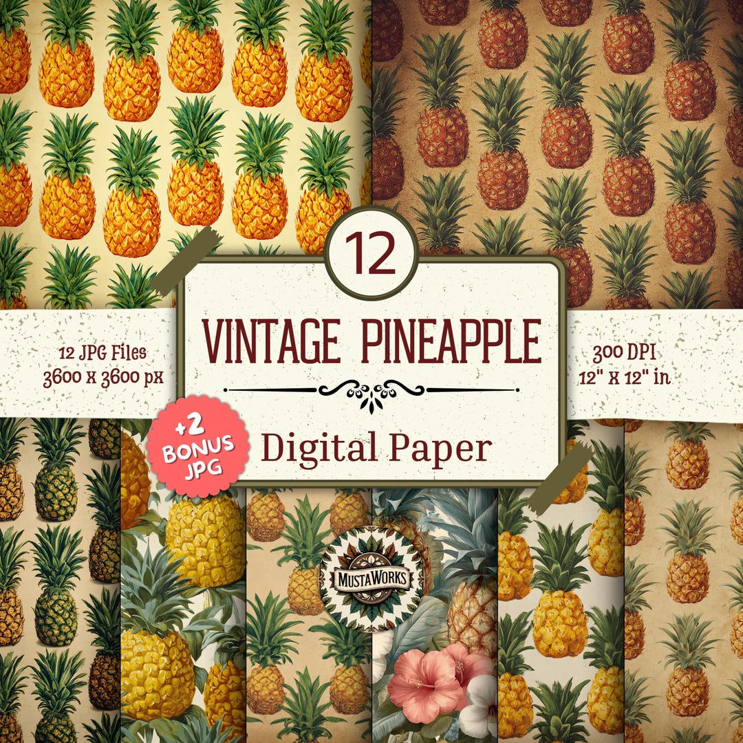 Vintage Pineapple Digital Paper Pack – 12 Tropical Designs +2 Bonus ...
