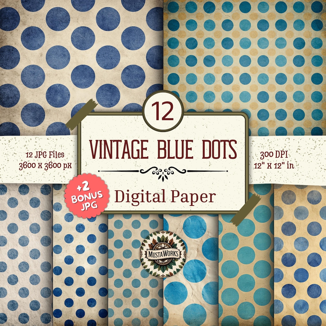 Vintage Blue Dots Digital Paper Pack – 12 Polka Dot Designs +2 Bonus ...