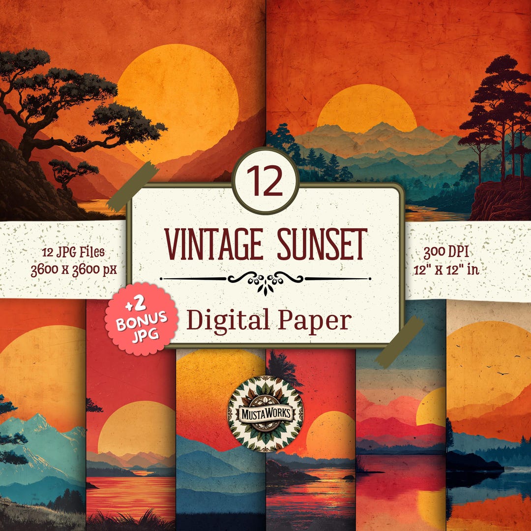 Vintage Sunset Digital Paper Pack – 12 Warm Designs +2 Bonus Papers ...
