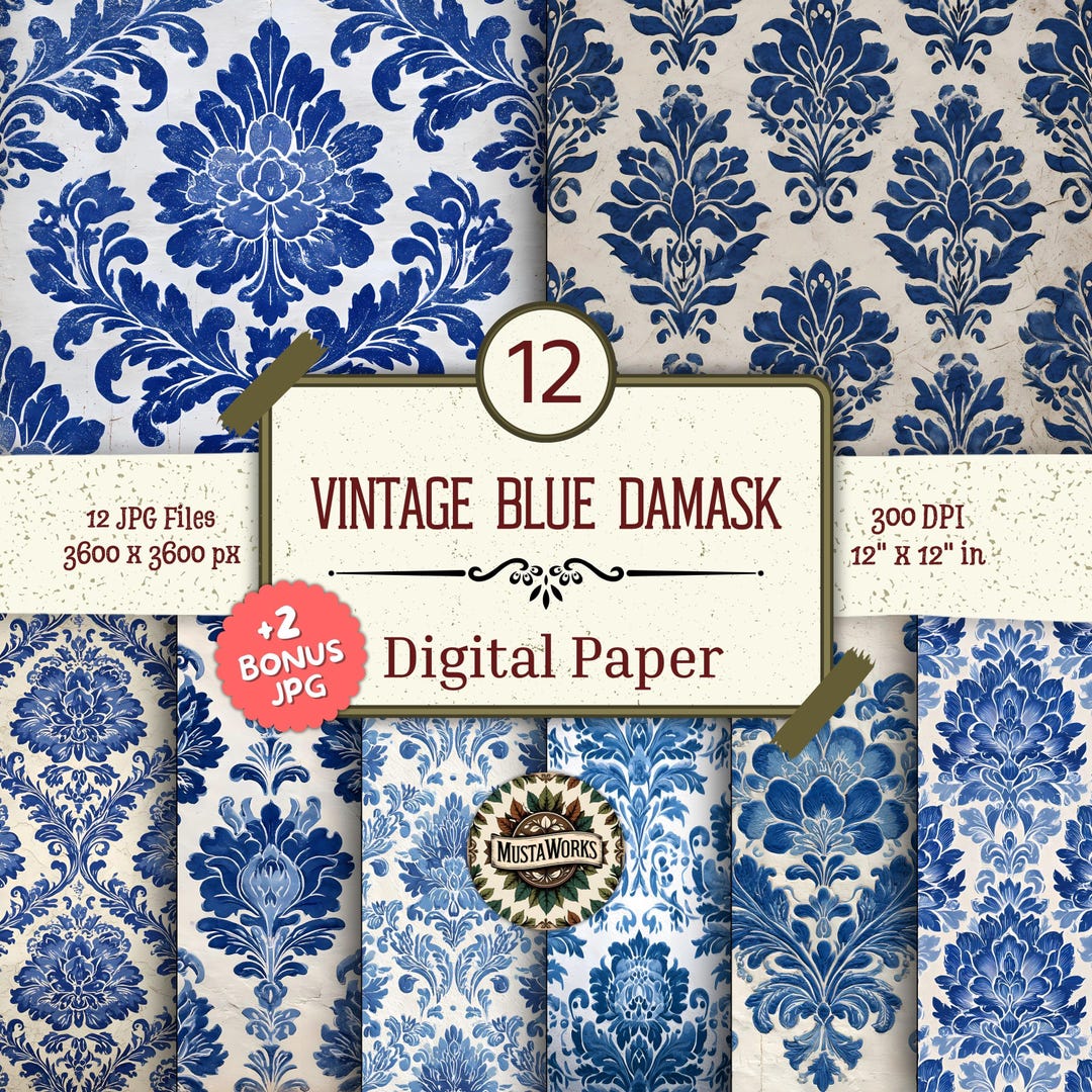 Vintage Blue Damask Digital Paper Pack – 12 Elegant Designs +2 Bonus ...