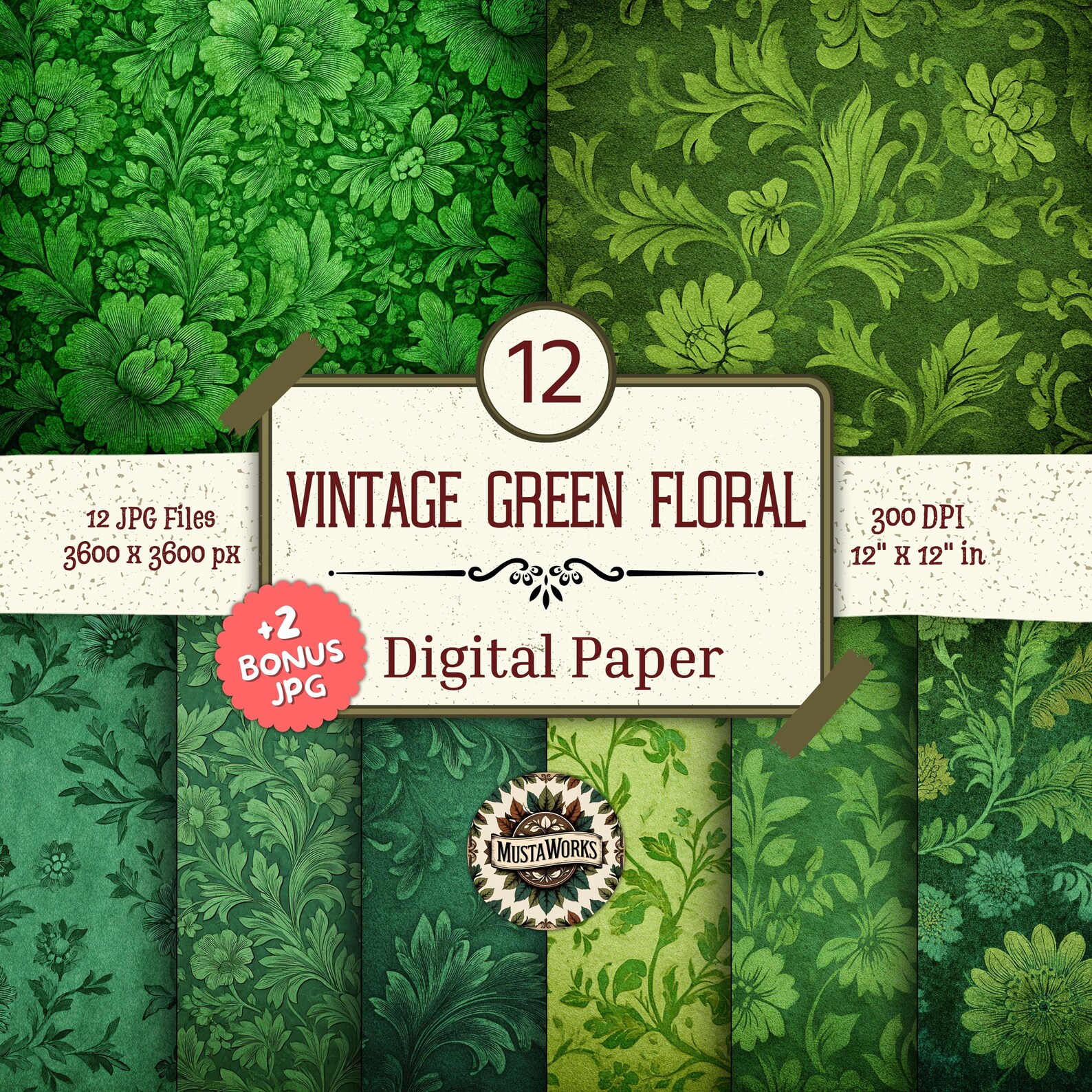 Vintage Green Floral Digital Paper Pack – 12 Botanical Background ...