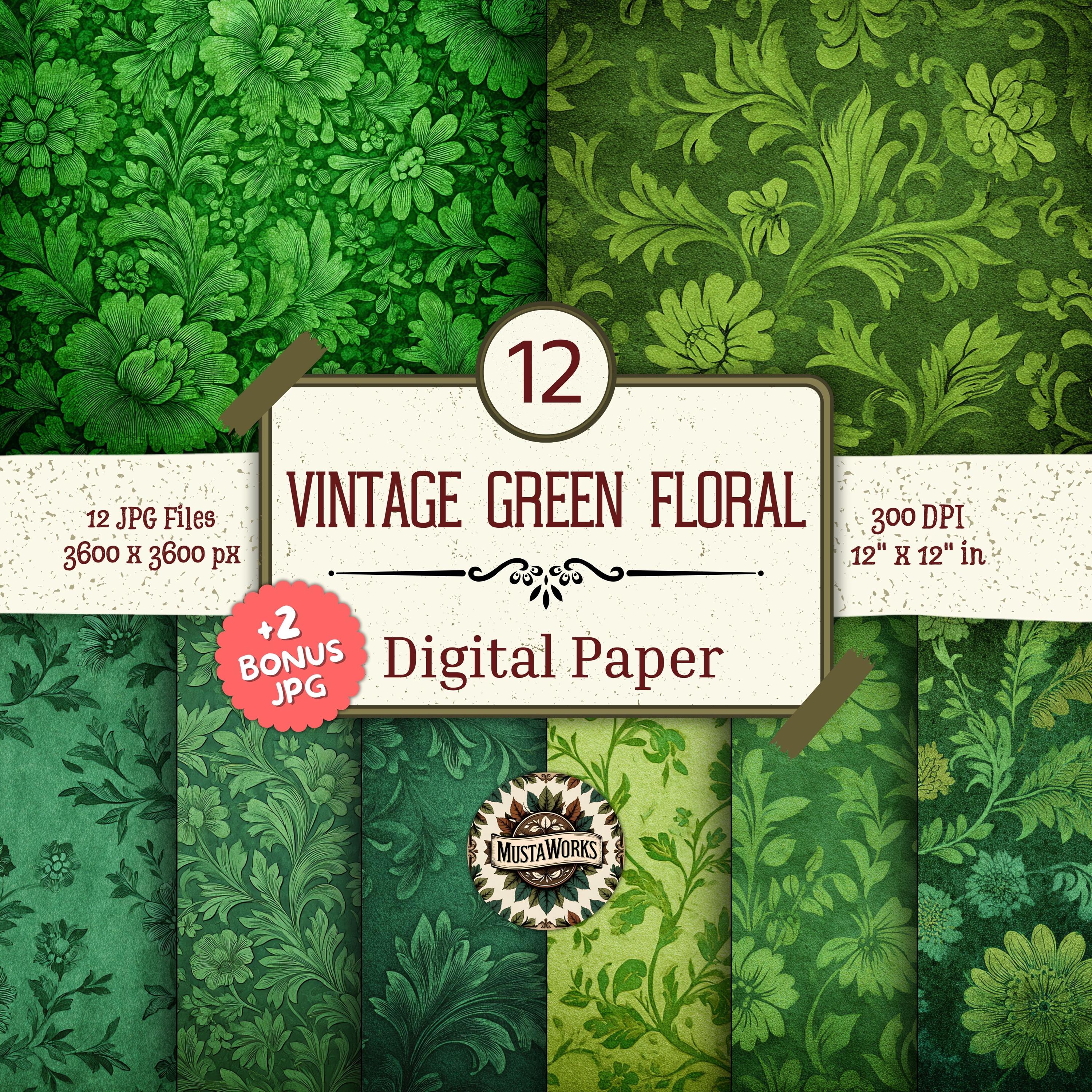 Vintage Green Floral Digital Paper Pack – 12 Botanical Background ...