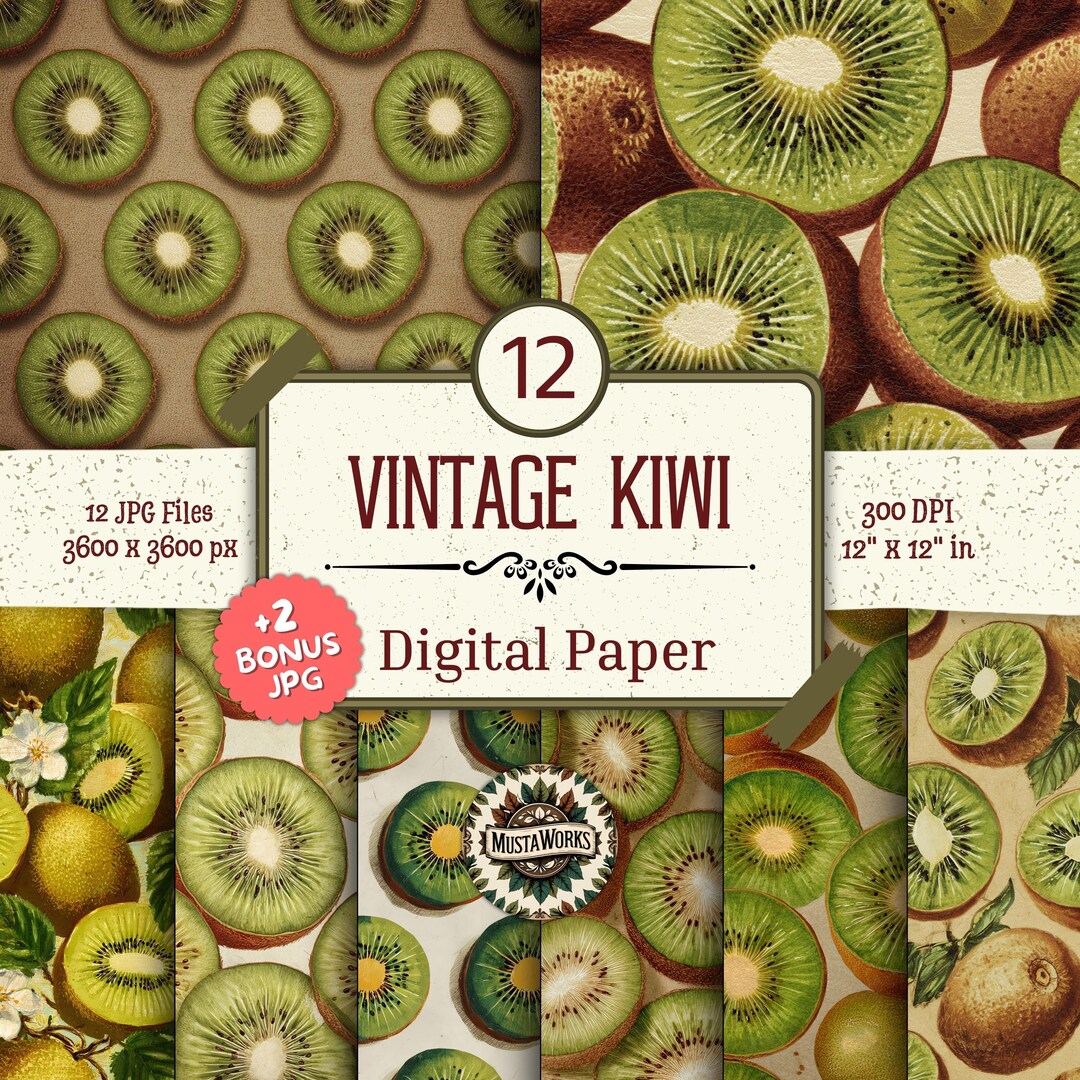 Vintage Kiwi Digital Paper Pack – 12 Fresh Fruit Designs + 2 Bonus ...