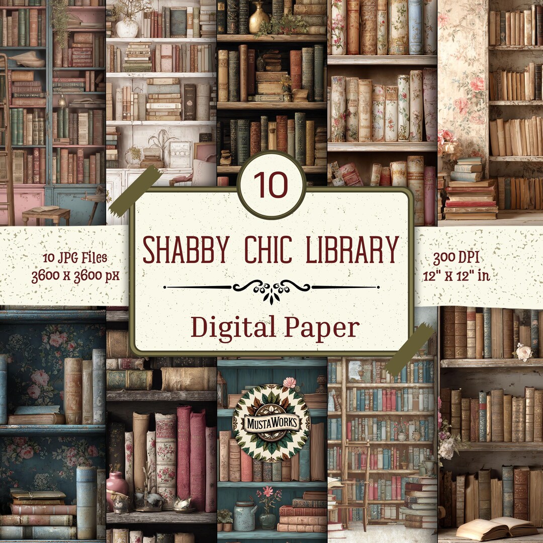 Shabby Chic Library Digital Paper Pack – 10 Vintage Book & Rustic ...
