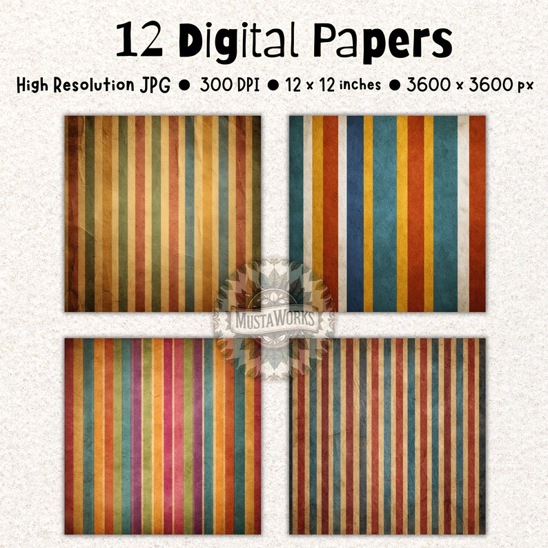 Vintage Stripes Digital Paper Pack – 12 Striped Designs +2 Bonus Papers ...