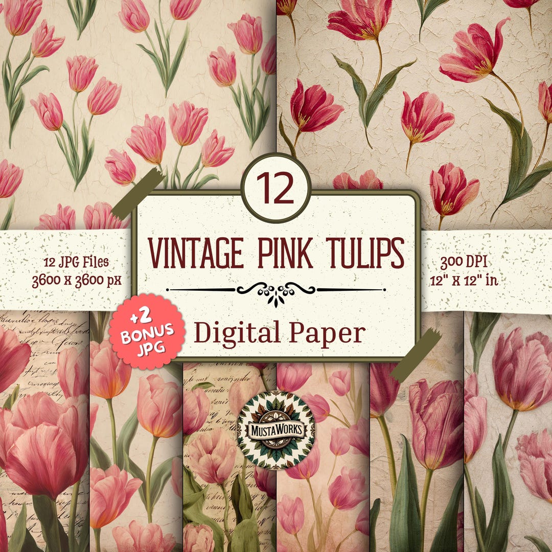 Vintage Pink Tulips Digital Paper Pack – 12 Elegant Flower Designs + 2 ...