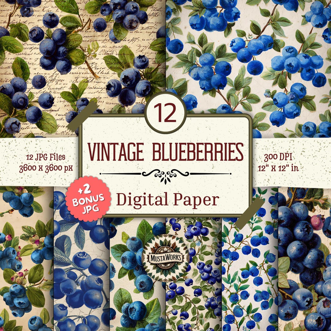 Vintage Blueberries Digital Paper Pack – 12 Berry-inspired Designs +2 ...