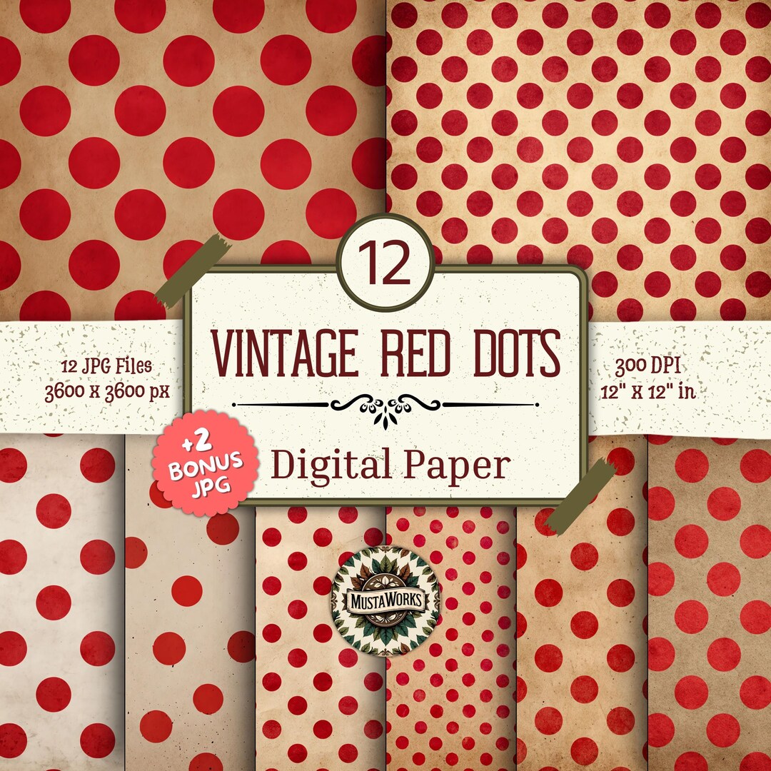 Vintage Red Dots Digital Paper Pack – 12 Polka Dot Designs +2 Bonus ...