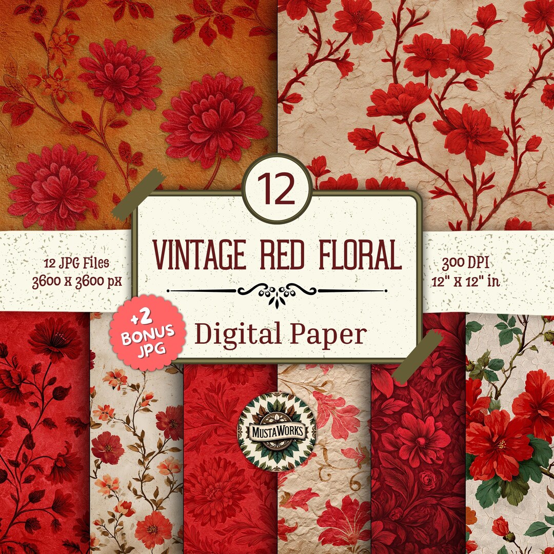 Vintage Red Floral Digital Paper Pack – 12 Romantic Flower Background ...
