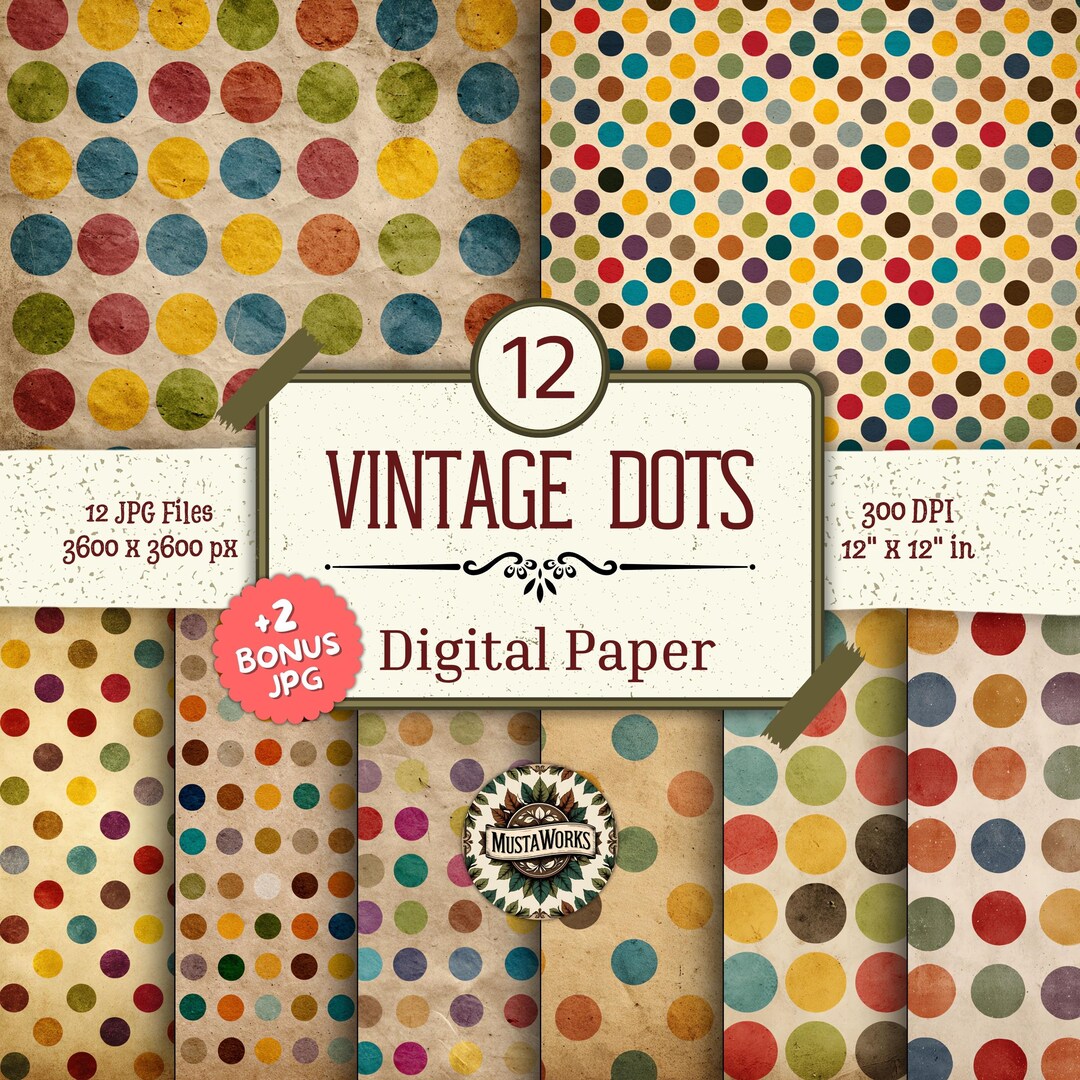 Vintage Dots Digital Paper Pack – 12 Polka Dot Designs +2 Bonus Papers ...