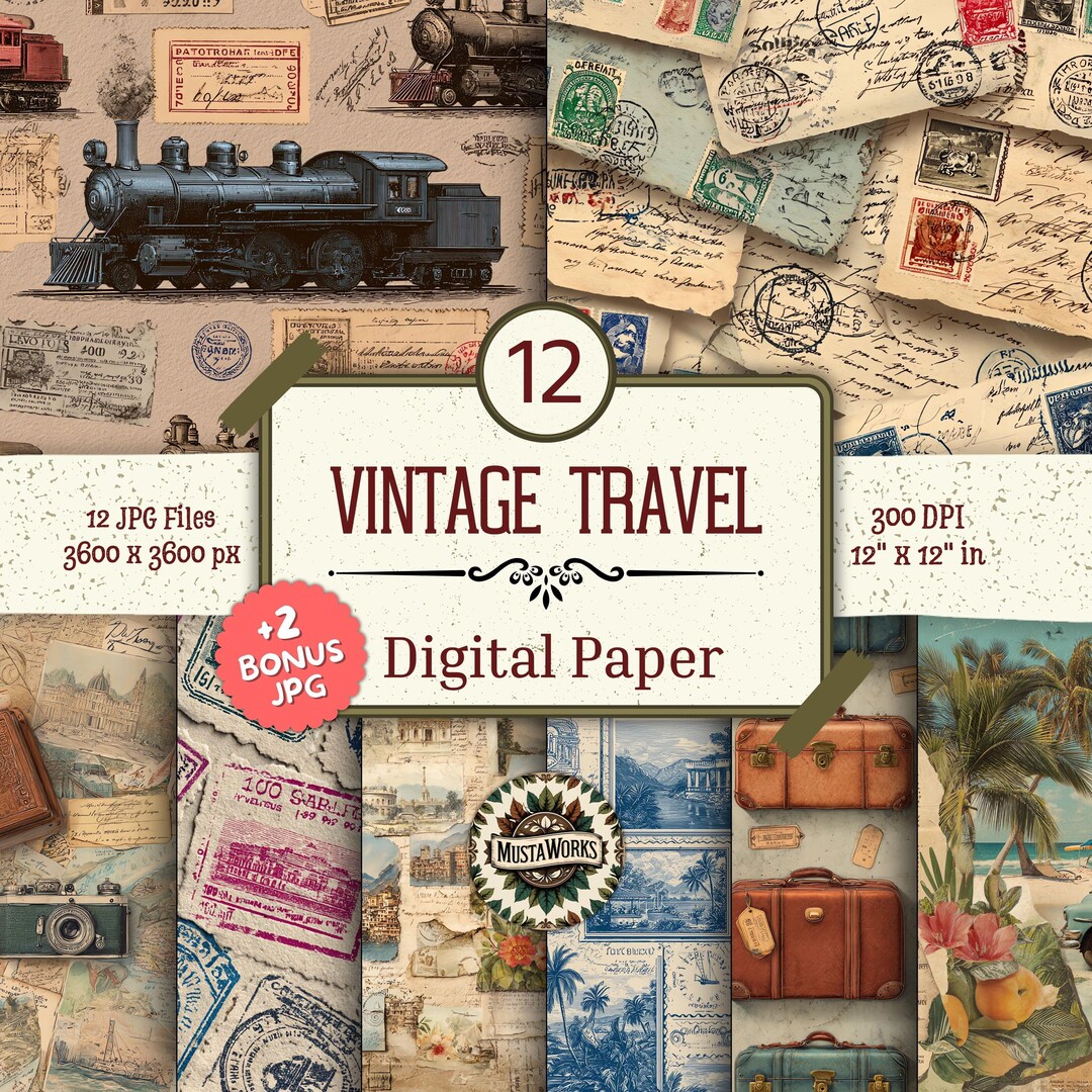 Vintage Travel Digital Paper Pack – 12 Wanderlust Designs + 2 Bonus ...