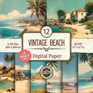 Vintage Beach Digital Paper Pack - 12 Coastal Designs + 2 Bonus Papers ...