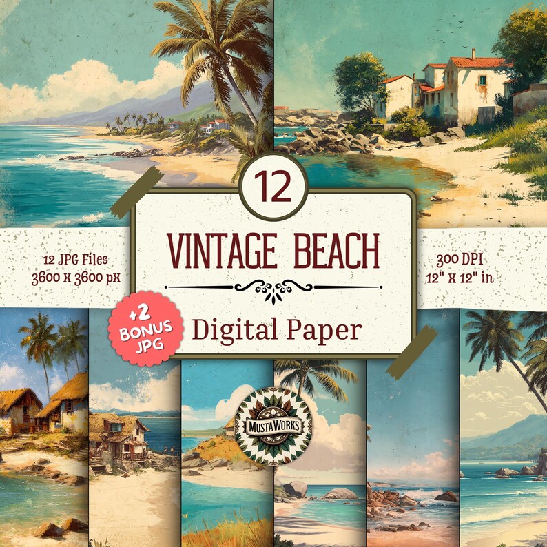 Vintage Beach Digital Paper Pack - 12 Coastal Designs + 2 Bonus Papers ...