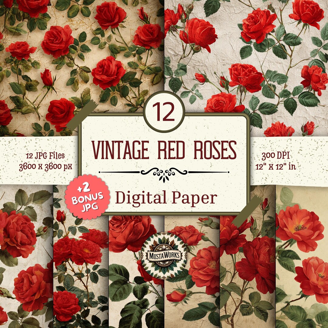 Vintage Red Roses Digital Paper Pack – 12 Romantic Floral Background ...