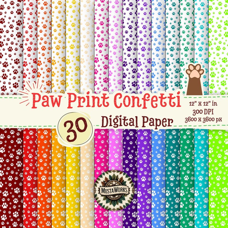 Paw Print Confetti Digital Paper Pack, 30 Fun Animal Printable ...