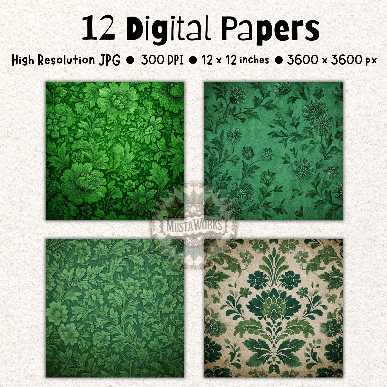 Vintage Green Floral Digital Paper Pack – 12 Botanical Background ...