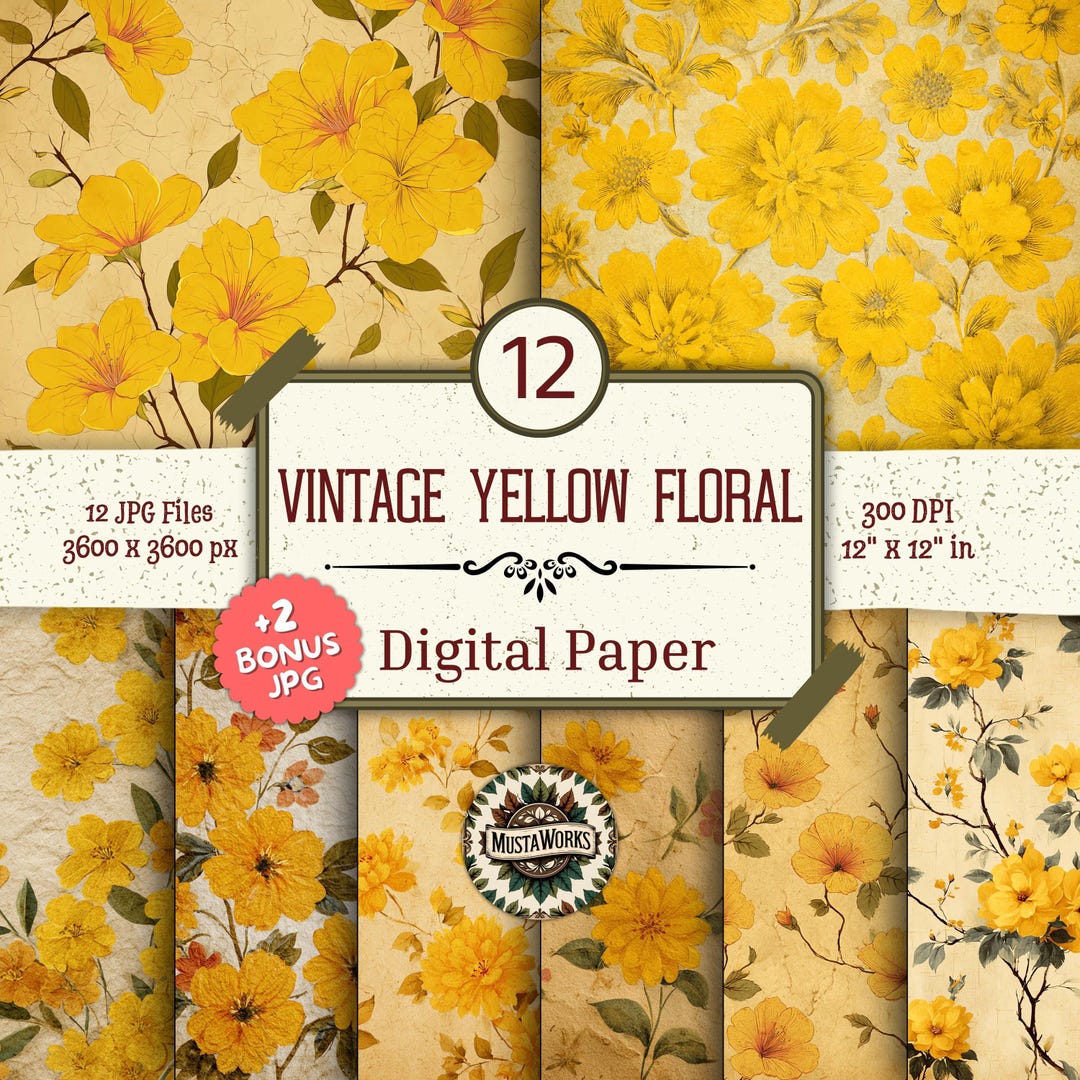 Vintage Yellow Floral Digital Paper Pack – 12 Sunny Flower Background ...