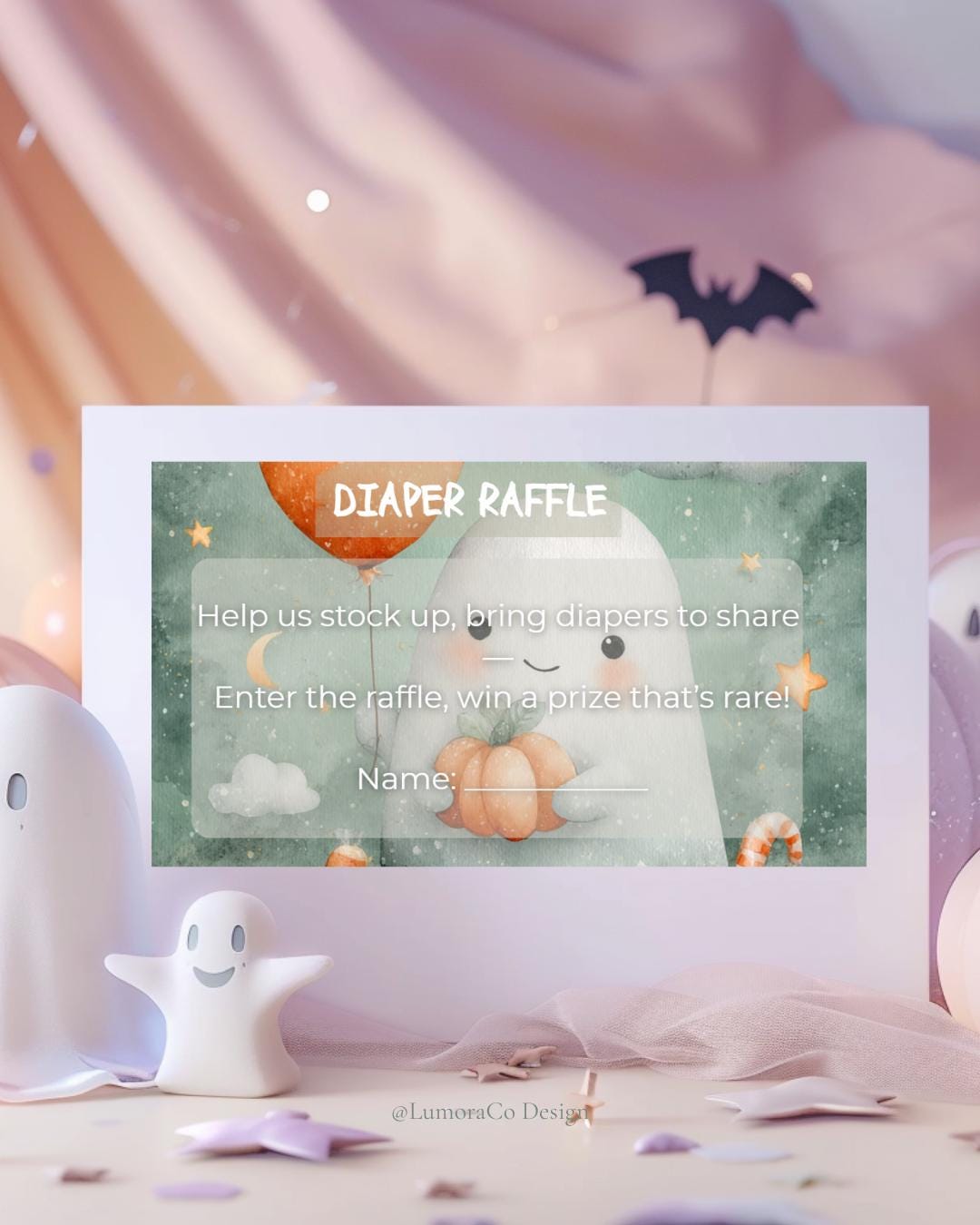 Editable Neutral Baby Shower Diaper Raffle Card, Little Boo Ghost Girl ...