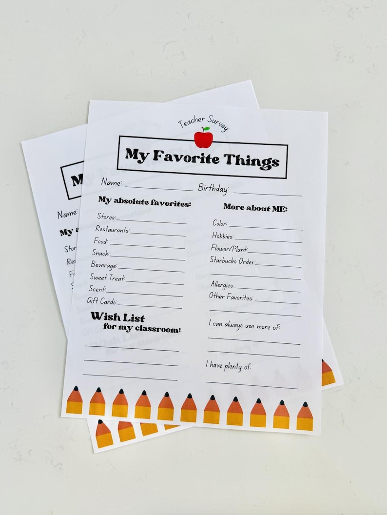 Printable Teacher Favorites Survey – Back to School Gift – Teacher ...