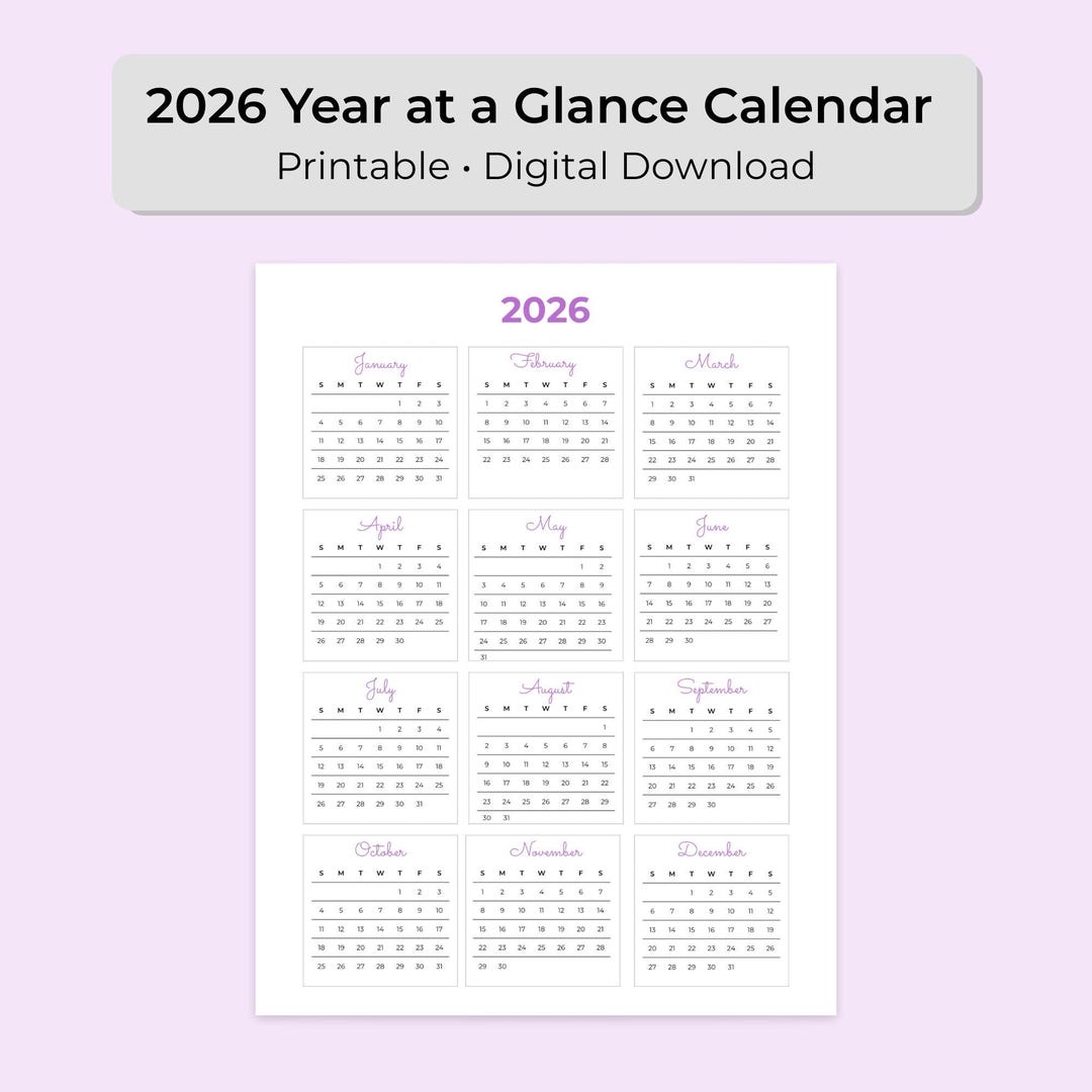 2026 Year at a Glance Calendar – Simple Overview (digital Download PDF ...