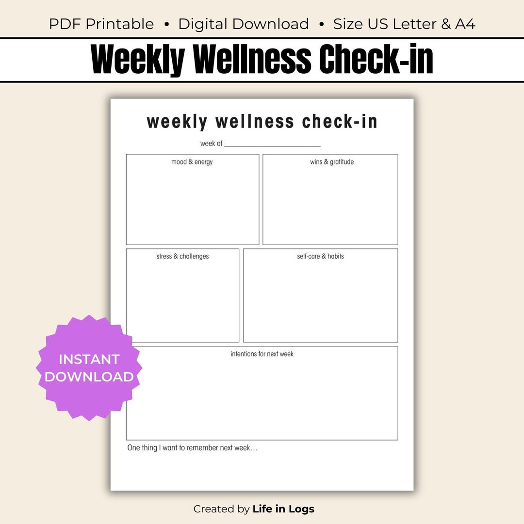 Weekly Wellness Check-in Printable, Minimalist Self-care and Reflection ...