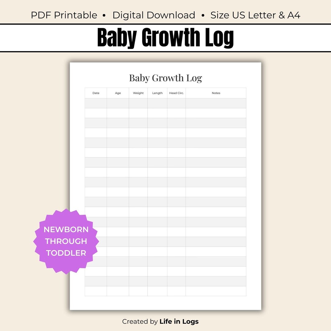 Baby Growth Tracker Printable – Newborn to Toddler, Height & Weight Log ...
