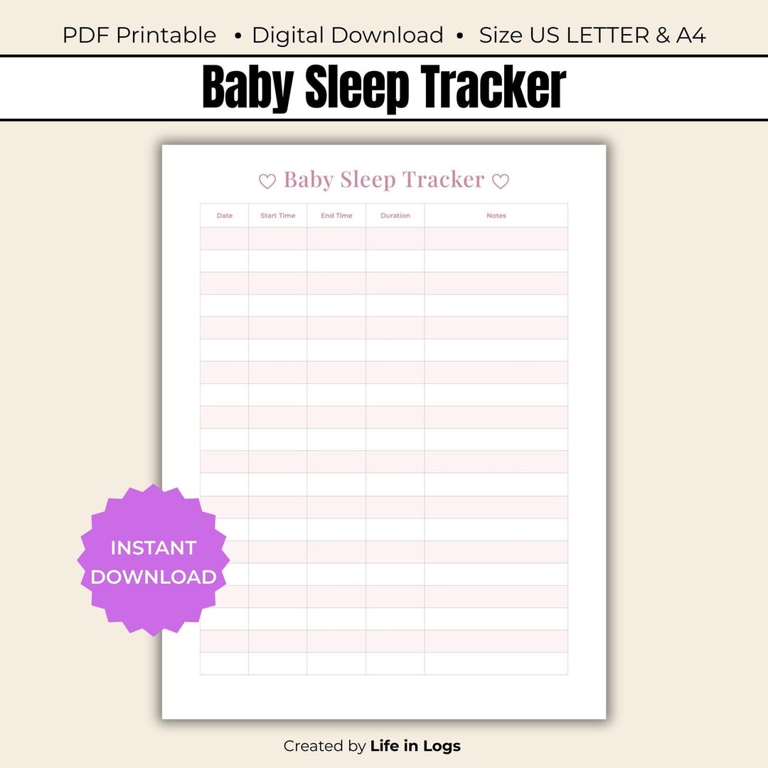 Baby Sleep Tracker Printable – Newborn Sleep Log, Pink Heart Theme (PDF ...