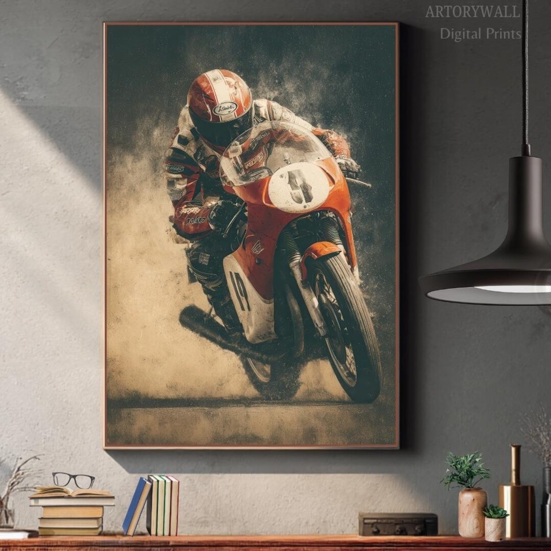 Vintage Motorcycle Racing Art Print, Retro Bike Poster (digital ...