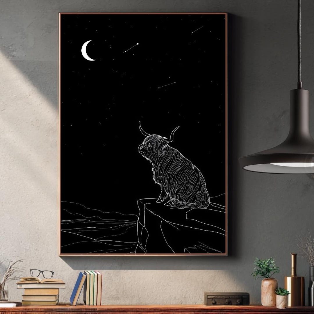 Highland Cow Night Sky Print: Black and White Farmhouse Decor (digital ...