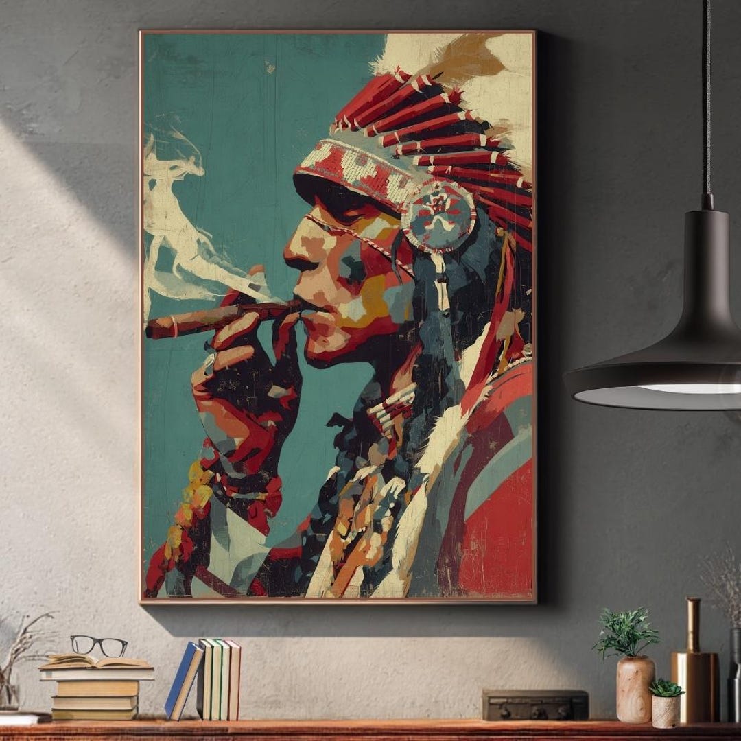 Tribal Chief Smoking Pipe Art Print, Native American Decor (digital ...