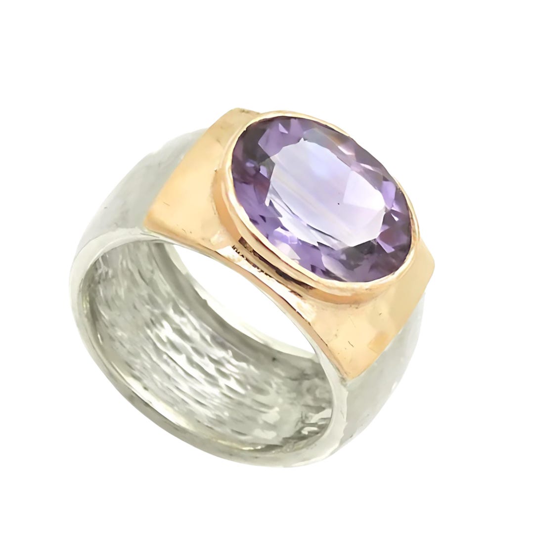 Amethyst Ring, Sterling Silver and Rose Gold Ring, Wide Silver Ring ...