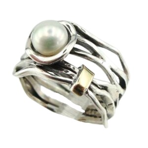 Handmade Pearl Ring: Sterling Silver & 9K Gold, Israeli Jewelry - Etsy