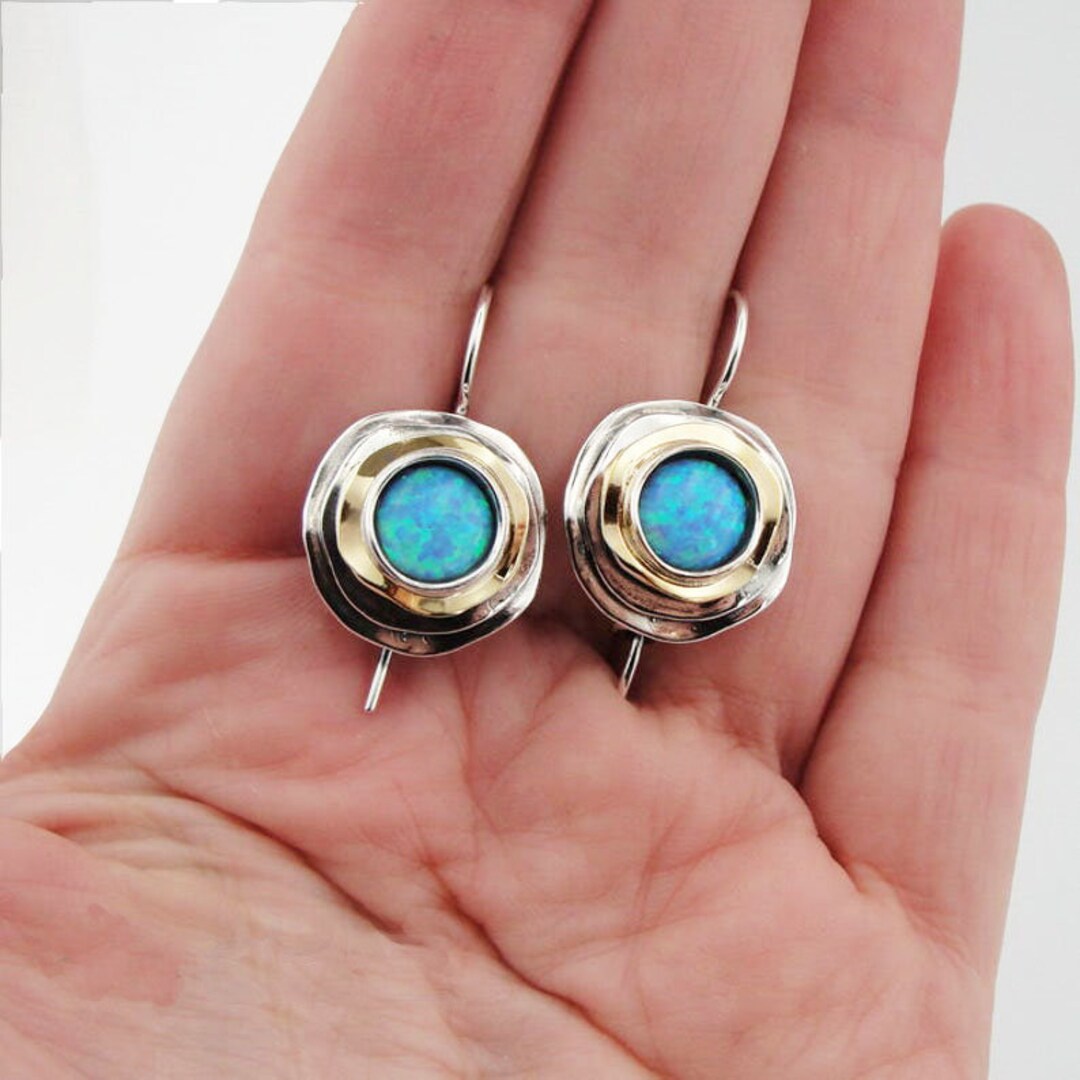 Mosaic Opal Earrings: Sterling Silver & 9k Gold, Israeli Design - Etsy