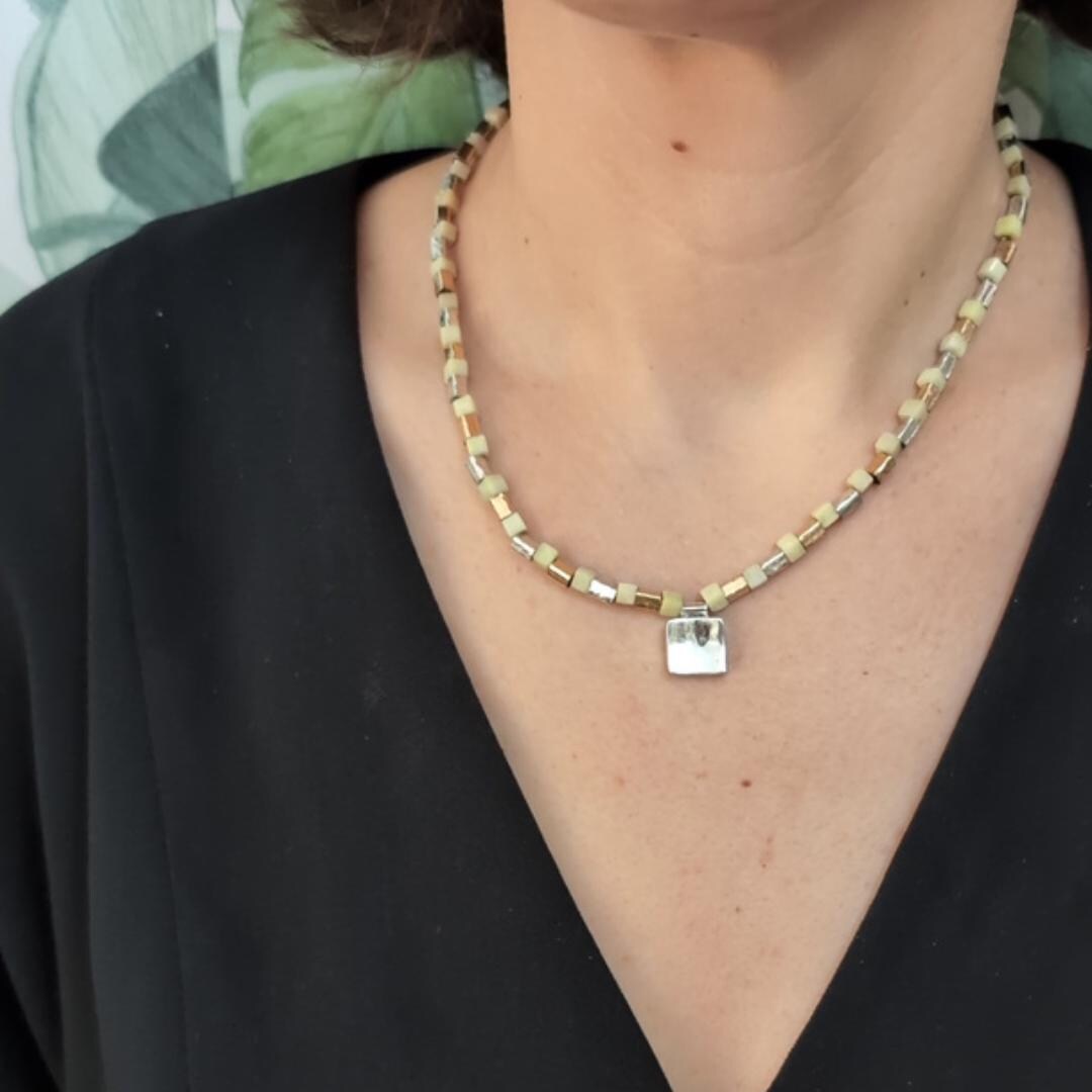 Jade Square Pendant Necklace: Sterling Silver & Gold-tone Beads - Etsy