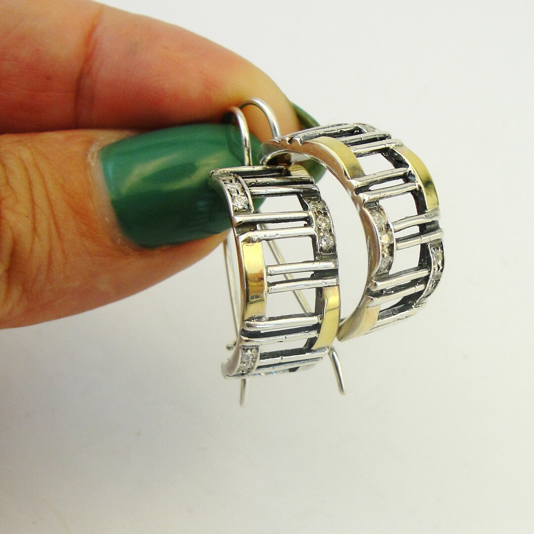 Hadar Jewelry 9k Gold & Sterling Silver Earrings With Cz Made - Etsy