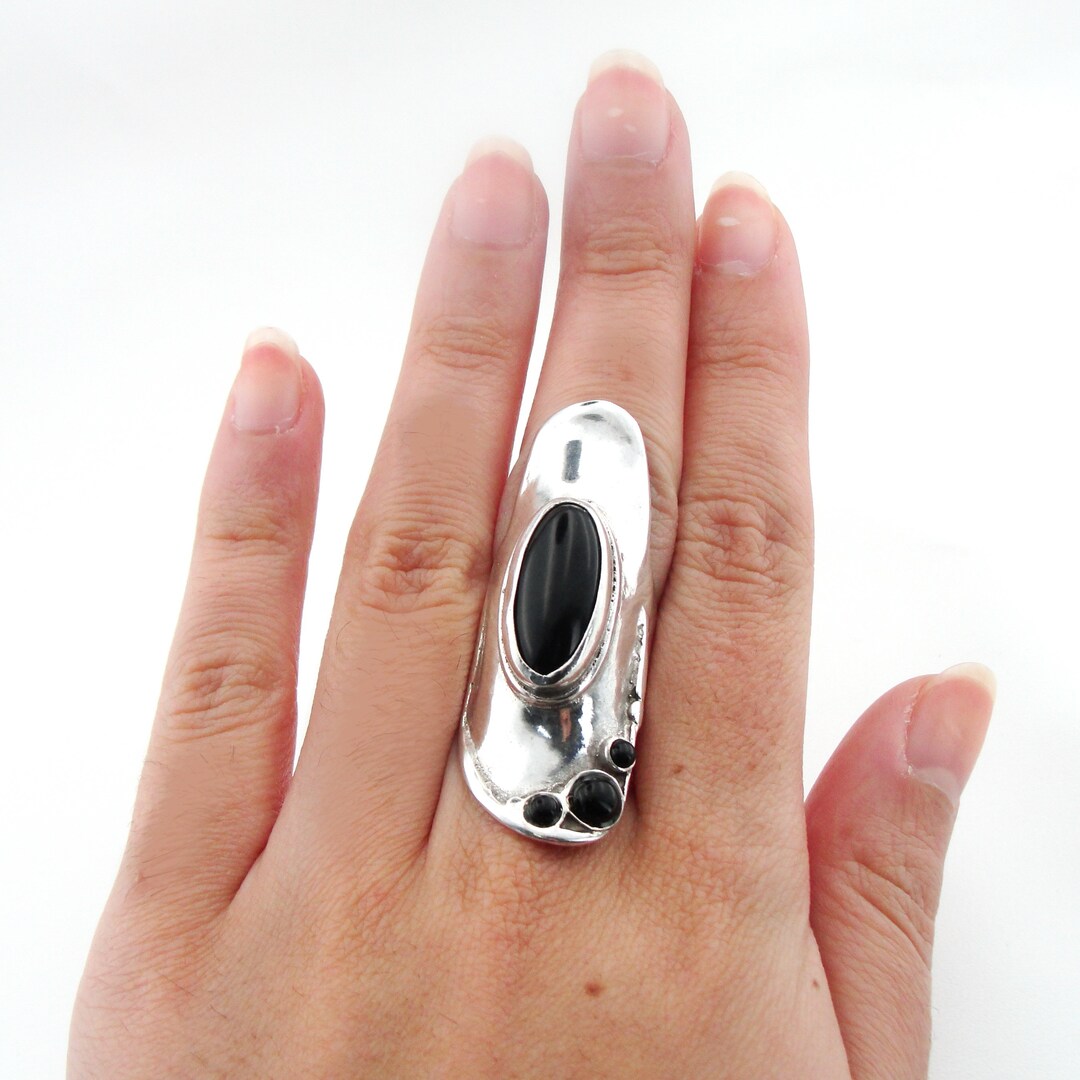 Stunning 925 Long Silver Sterling Ring With Back Onyx Crystal Stone ...