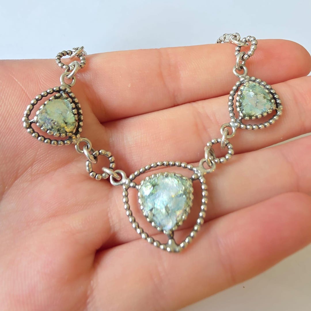 Blue Roman Glass & Sterling Silver 925 Necklace, Filigree 3 Triangles ...