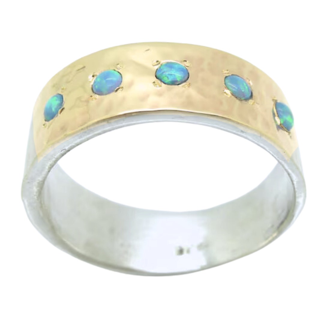 Opal Ring, Sterling Silver and Gold Ring, Wide Ring, Hadar Jewelry Ring ...