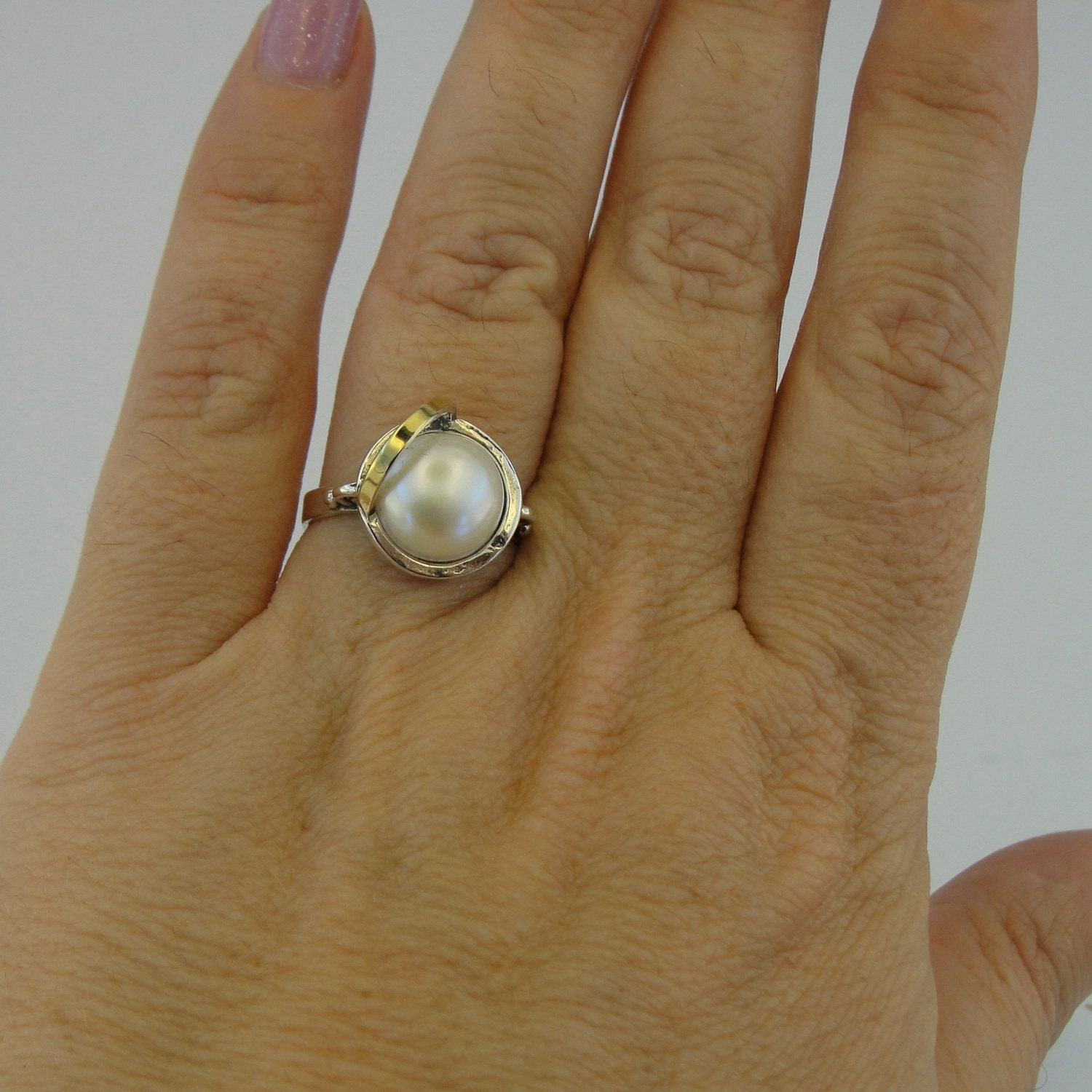 Unique Ring with White Pearlsize 7 Sterling Silver & 9k | Etsy