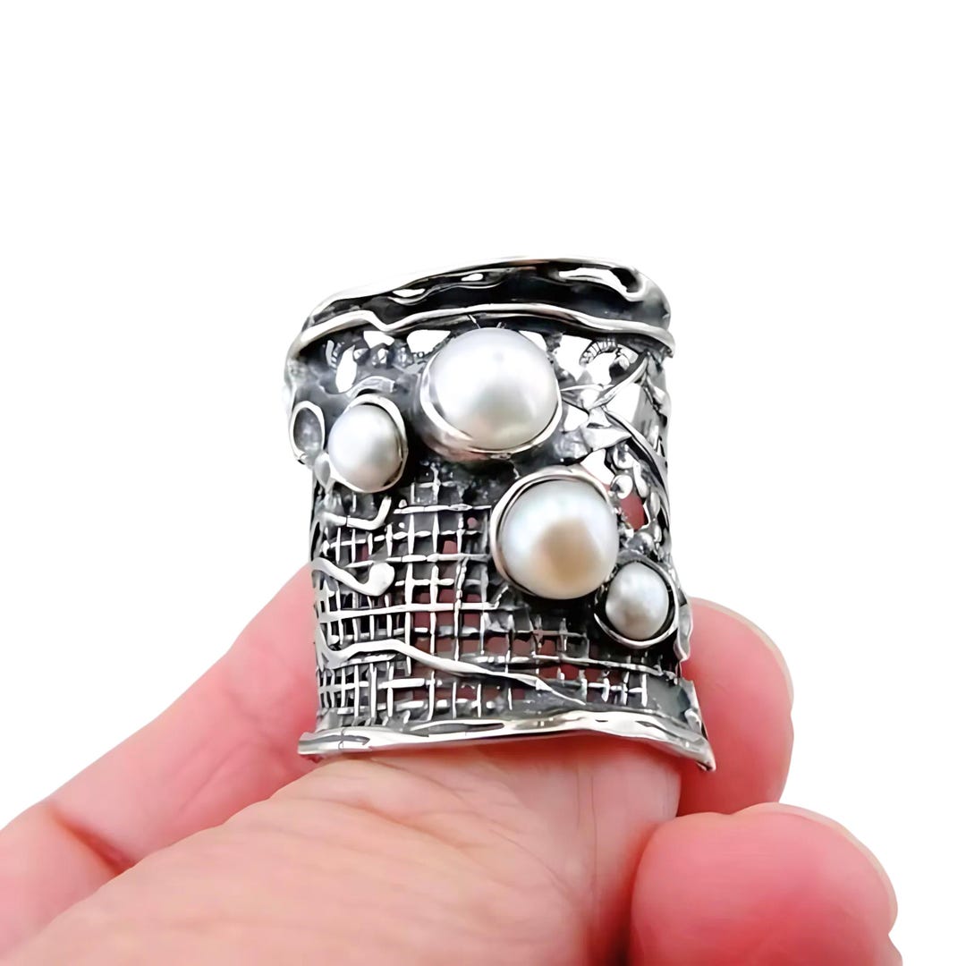 Sterling Silver Wide Band Ring: Freshwater Pearl Net Texture - Etsy