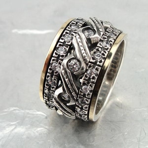 Zircon Ring, Sterling Silver, and Yellow Ring, Wide Swivel Silver Ring, Handmade Silver Zircon ...