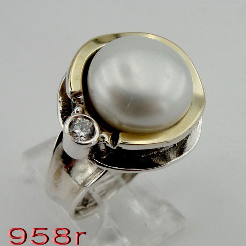 Sterling silver and gold ring with 12mm round Natural Pearl | Etsy