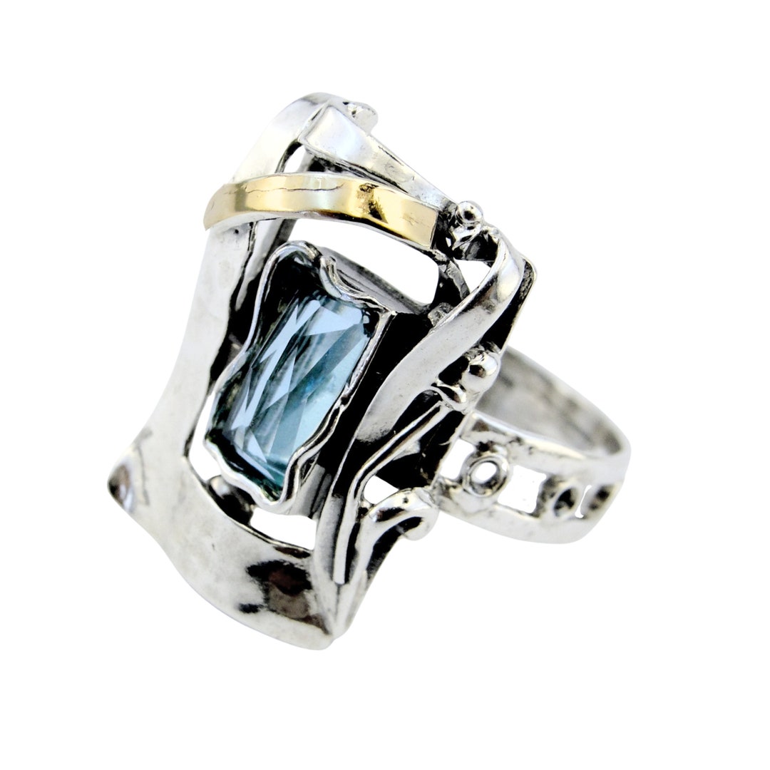 Blue Topaz Ring, Israeli Design, Mix Metals Ring, Sterling Silver and ...