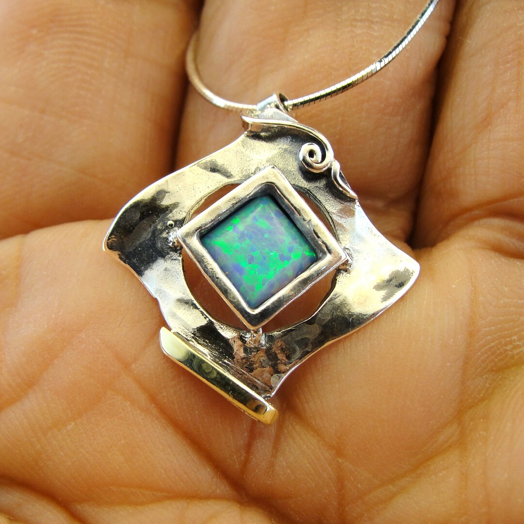 Mosaic Opal Pendant, Sterling Silver and Yellow Gold Pendant, Handmade ...