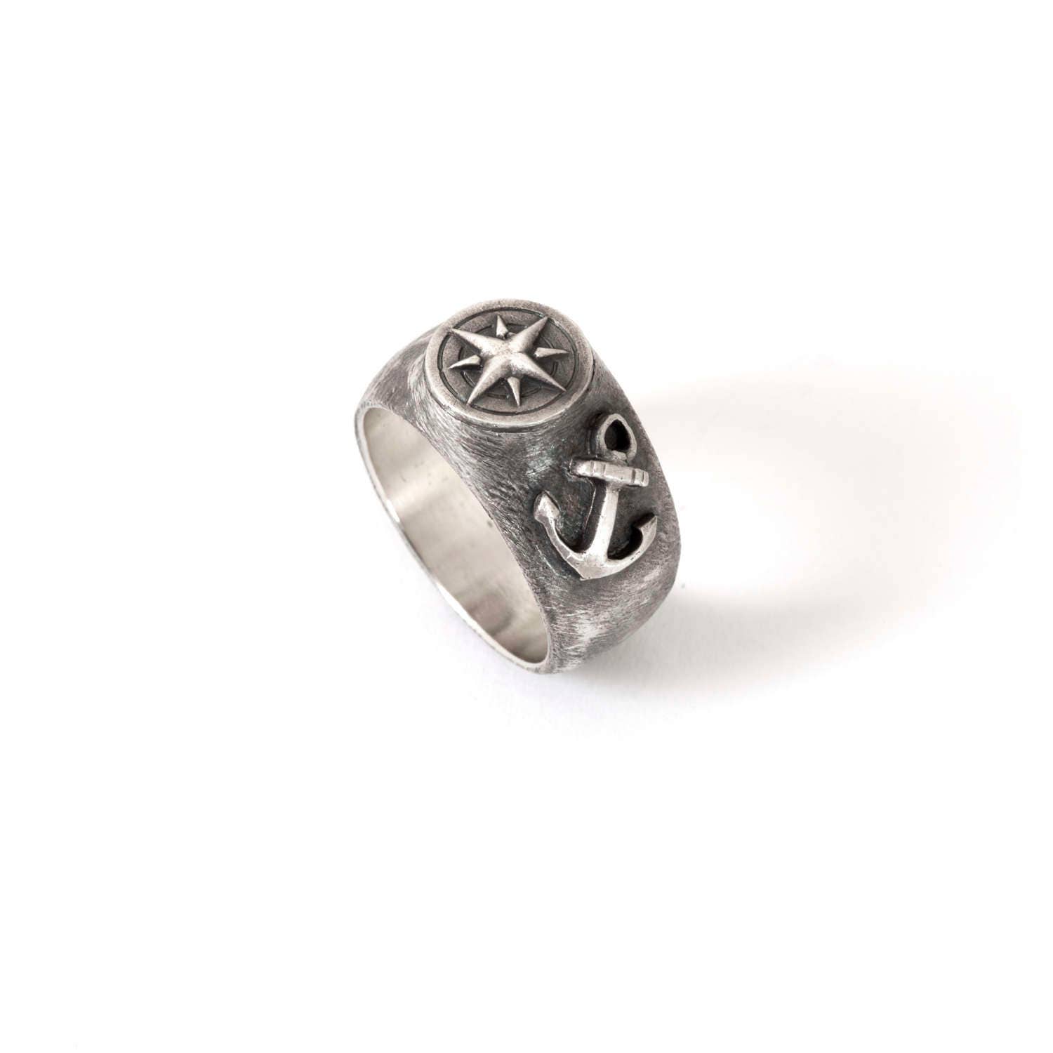 Compass Star and Anchor Ring for Men in Solid Sterling Silver - Etsy Israel