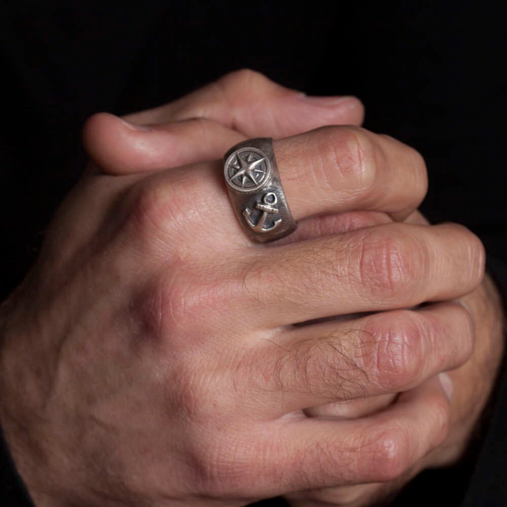 Compass Star and Anchor Ring for Men in Solid Sterling Silver - Etsy Israel