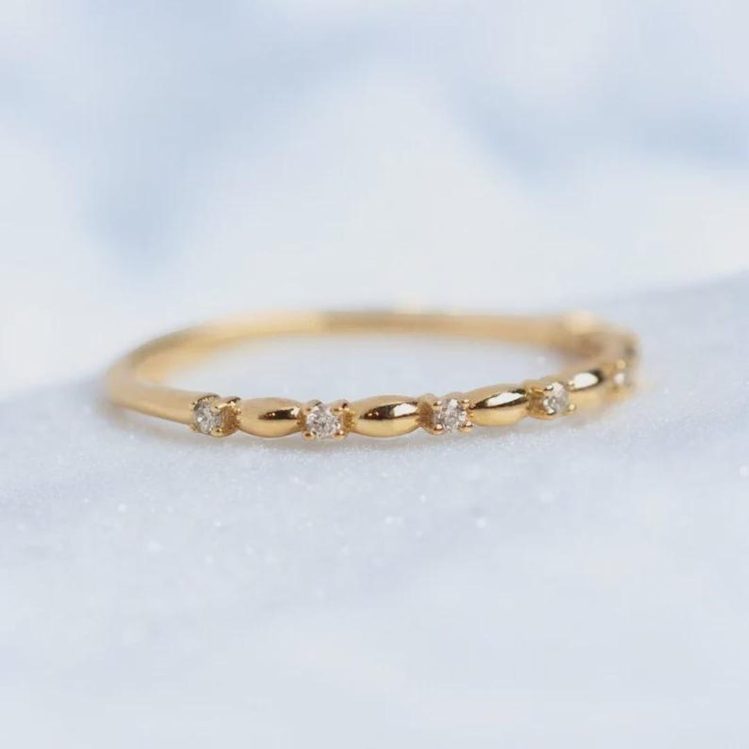 14k Gold Diamond Dot Ring: Minimalist Stacking Wedding Band - Etsy